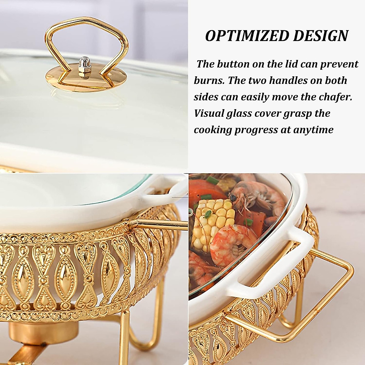 HONHPD 3 Pieces Set Gold Ceramics Chafing Dish Buffet Set, Full Size Chafers and Buffet Warmers W/Glass Lid, Underglaze Rectangle Food Warming Tray for Weddings Party（11inch, 13inch, 15inch）