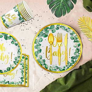 244 PCS Sage Green Baby Shower Decoration Set Includes Plates, Napkins, Cups, Cutlery, Oh Baby Backdrop Tablecloth Balloon Garland Kit for Boho Greency Neutral Party Supplies, 25 Guest