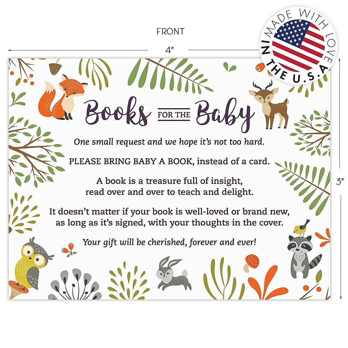 Woodland Baby Shower Book Request Cards with Owl and Forest Animals. Pack of 50. Gender-Neutral, Unisex Design Suitable for Boy or Girl.