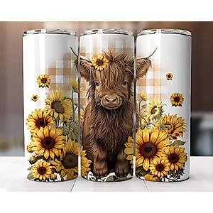 Highland Cow Sunflower Plaid Tumbler Sublimation Wrap - Ready to Press Transfer - Cows, 20 oz Straight Tumbler, Tumbler Transfer, Farm
