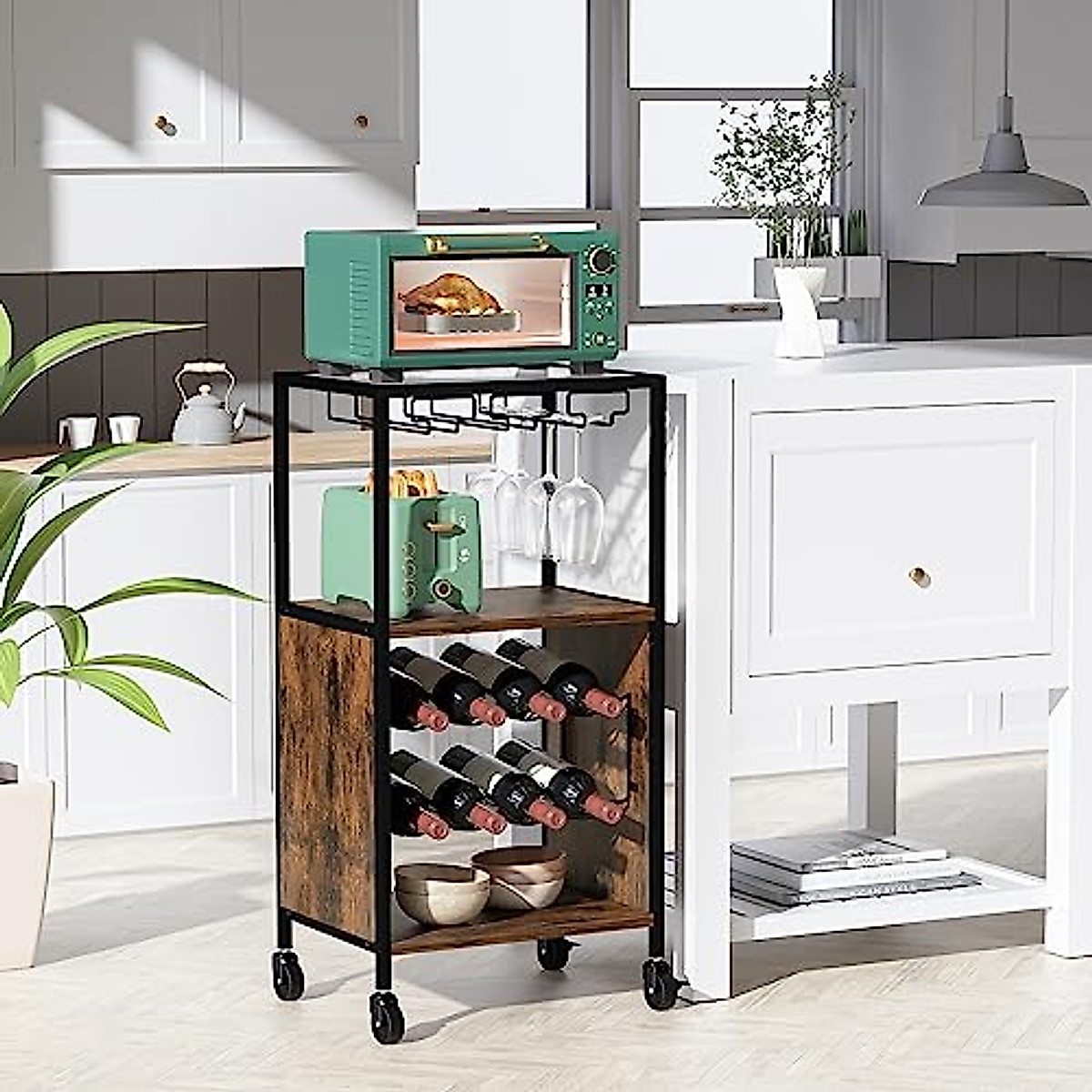 SZLHANJZ Wine Cart, Small Liquor Cart with Glass Holder, Rolling Side Table for Beverage Serving, Wood and Metal Bar Cart with Wine Rack for Home Bar, Kitchen, Living Room, Rustic Brown