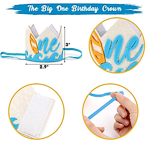Vansolinne The Big One Highchair Banner 1st Birthday Boy Summer Beach Surf Birthday Party Decoration Baby First Blue Topper Cake Smash Party Decor Supplies Cute Photo Props Crown