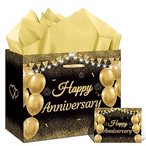 GOLDCROW Black Gold Anniversary Party Gift Bag with Tissue Papers and Card, Wedding Anniversary Paper Gift Wrapping Paper Bag11.8'' for Men Women Anniversary Party, Wedding Anniversary Party Supplies