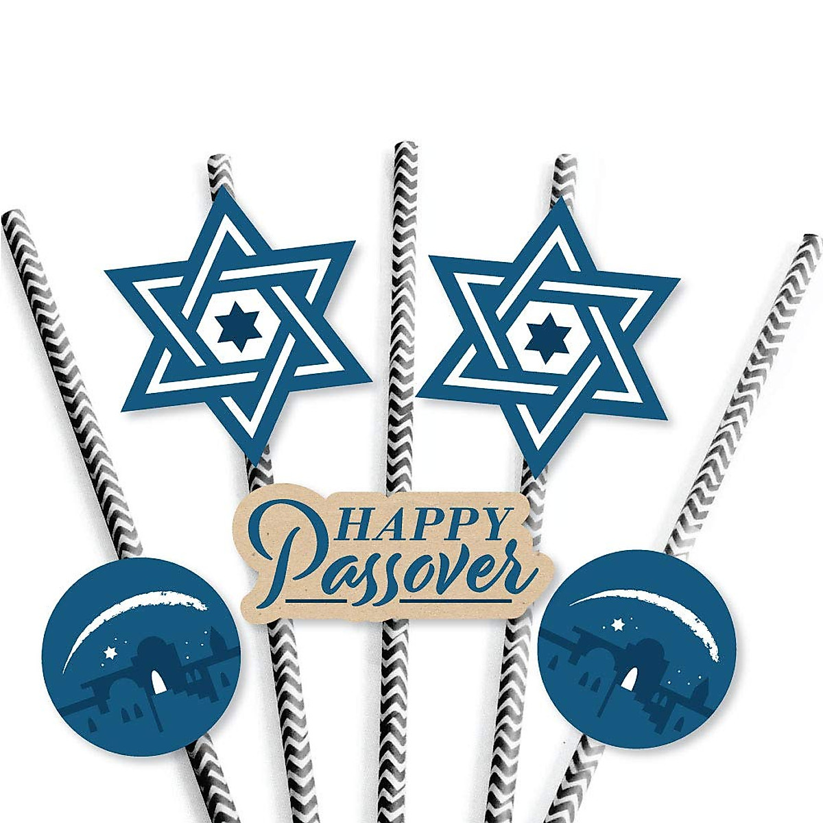 Happy Passover - Paper Straw Decor - Pesach Jewish Holiday Party Striped Decorative Straws - Set of 24