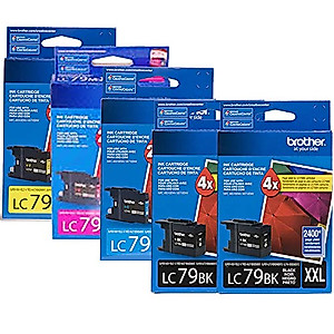 Genuine Brother LC79 (LC-79) Super High Yield Color (Bk/C/M/Y) Ink Cartridge 5-Pack (2xLC79Bk, LC79C, LC79M, LC79Y) for Brother MFCJ5910DW MFCJ6510DW MFCJ6710DW MFCJ6910DW