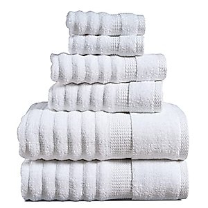 LANE LINEN Ribbed White Bath Towels - 100% Cotton Towel Sets for Bathroom, Zero Twist, Soft Textured Bathroom Towels, Absorbent, Quick Dry, 2 Bath Towels, 2 Hand Towels, 2 Wash Cloths - 6 Piece Set
