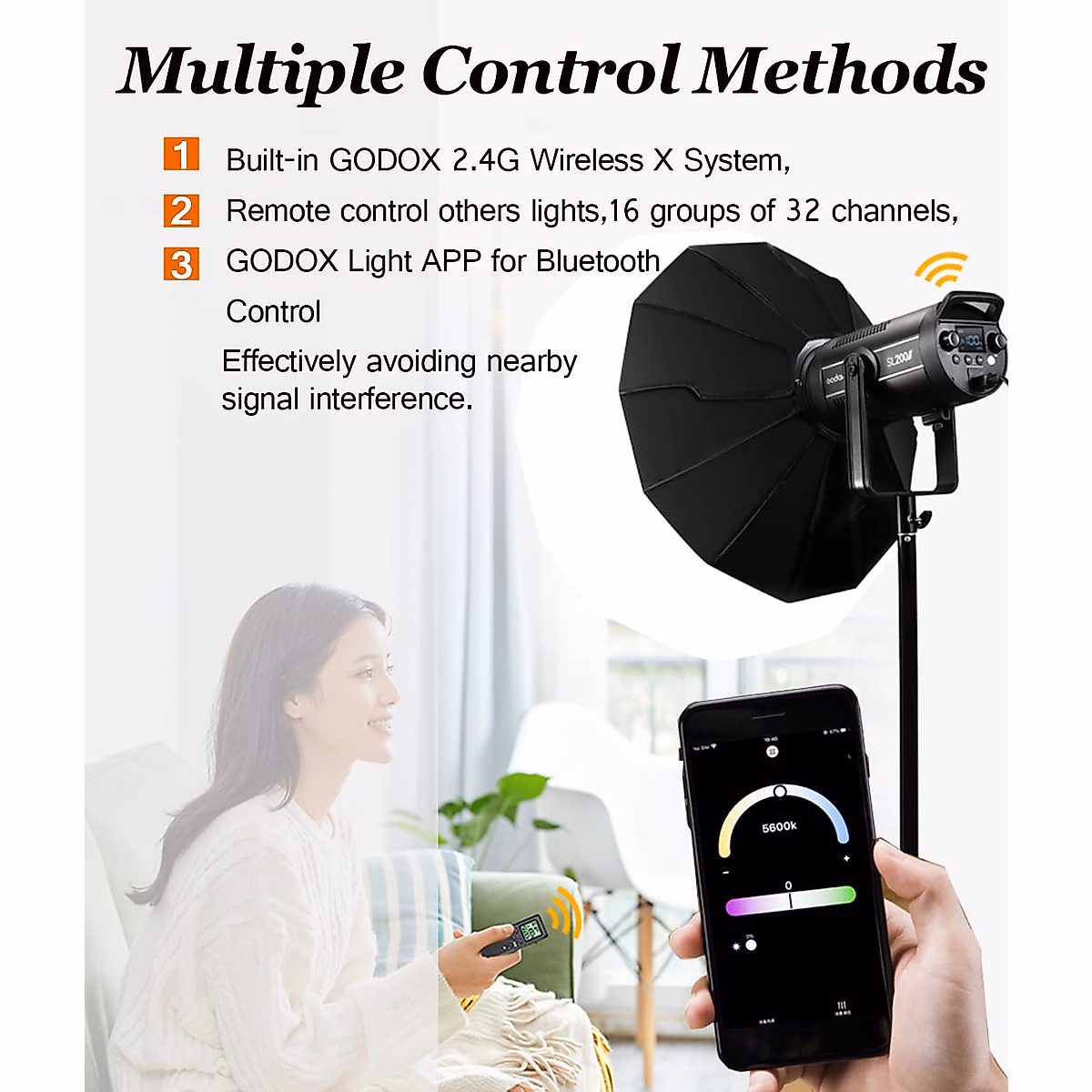 Godox SL200WIII 215W LED Video Light,Bowens Mount Continuous Lighting,2.4G 95600Lux CRI96+ Flash Light,5600K Daylight Balanced,8 Pre-Programmed Lighting Effects with Ultra-Silent Fan for Photography