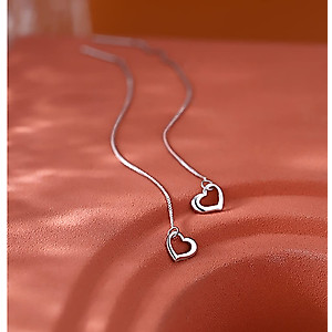 Reffeer Solid 925 Sterling Silver Love Heart Chain Dangle Earrings Tassel for Women Heart Dangle Earrings Threader Drops (A-Silver)