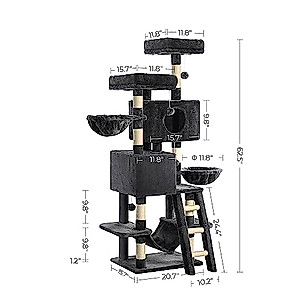 FourFurPets Cat Tree for Indoor Cats, 63in Cat Tower, Cat Condo, Two Cat Perch, Wwo Cat Caves, Two Cat Basket, Sisal Scratching Stairs, Toys, Smoky Gray