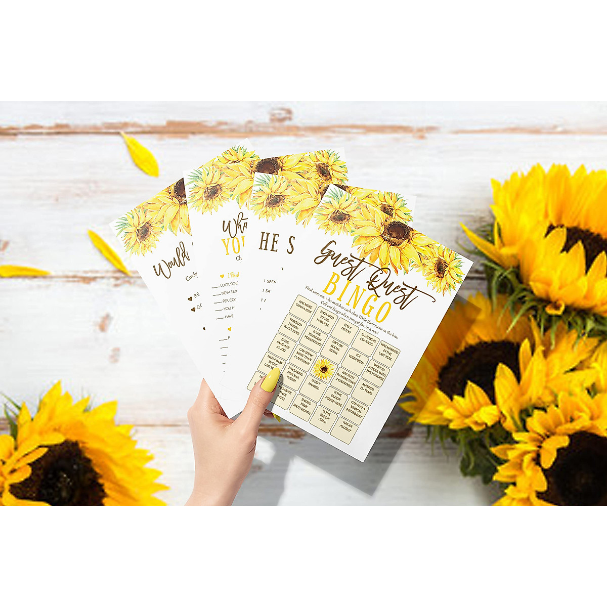 Your Main Event Prints Sunflower Bridal Shower Bachelorette Games - He Said She Said, Find The Guest Quest, Would She Rather, Phone Game - 25 Games Each, Printed Front and Back, 1 Game Per Side