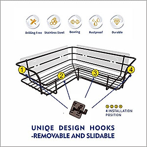 2-Pack Adhesive Corner Shower Caddy, Shower Shelf With 4 Removeable Razor Hooks and 1 Pack Adhesive Soap Dishes, No Drilling Rustproof Stainless Steel Eaeregs Shower Organizer for Inside Shower(Matte Black，Round wire style)