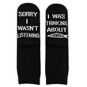 TSOTMO Fishing Socks Fisherman Fisher Gift Sorry I Wasn't Listening I Was Thinking About Fishing Socks Gift For Fishing Lover Fishing Father's Day Gift (Think Fish)