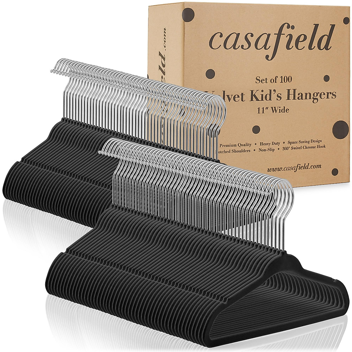 Casafield 100 Velvet Baby Hangers - 11" Size for Infant & Toddler Clothes - Black