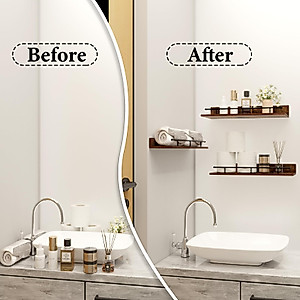 Giftgarden 16 Inch Brown Floating Shelves with Black Metal Guardrail, Wood Shelves for Wall Storage Set of 3, Wall Shelf for Bathroom Bedroom Living Room Kitchen Nursery