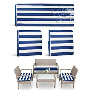 3 Pack Outdoor Patio Seat Cushions Replacement Covers Fit for Outdoor Furniture 4 Pieces Wicker Rattan Furniture Patio Conversation Set Loveseat Chair，Cover Only (Blue and White, 18x18x2,36x18x2)