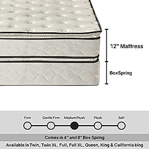 Nutan, 12-Inch Medium Plush Double Sided Pillowtop Innerspring Mattress and 4" Wood Box Spring for Mattress, Full XL