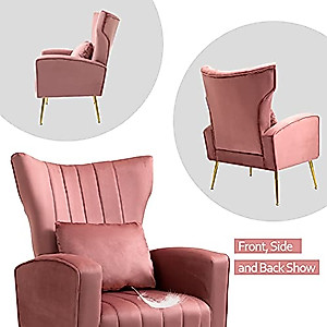 WQSLHX Living Room Chairs Set of 2 with Lumbar Pillow, Velvet Accent Chair with High Back Mid Century Armchair for Bedroom with Armrest, Arm Chair with Golden Metal Legs, Pink