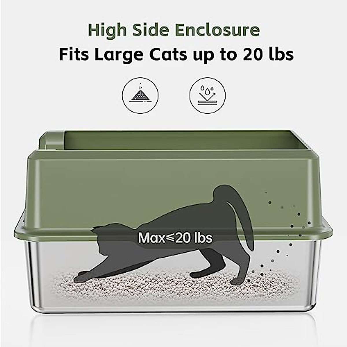 Stainless Steel High Side Cat Litter Box, Enclosed Large Litter Box for XL Big Cats, Easy Clean Metal Kitty Litterbox with Scoop