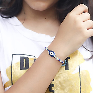 PINKABLUE Evil Eye Rakhi For Brother, Handmade Bracelet Rakhi for Raksha Bandhan, Wealth Thread Designer Rakhi Semi Precious Stone Rakhi Bracelet Crystal Stone Evil Eye Band (Blue)