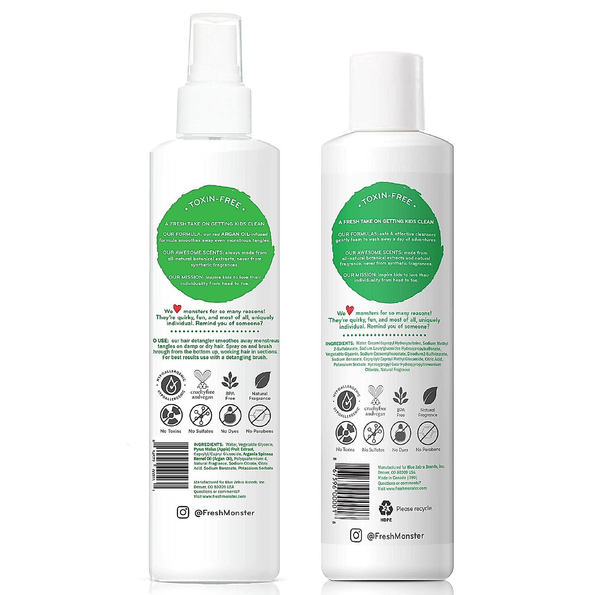 Fresh Monster Hair Detangler Spray & 2-in-1 Shampoo & Conditioner, Coconut, Toxin-Free, Hypoallergenic & Natural (8.5 oz each)