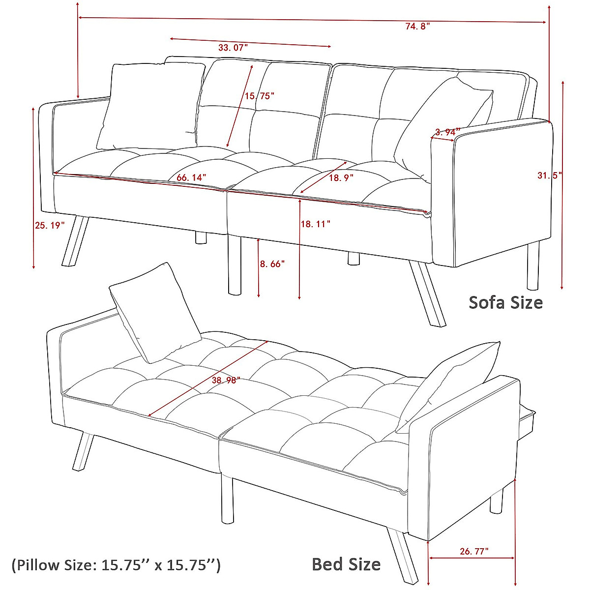 Olela Sleeper Sofa Bed Modern Tuft Futon Couch Convertible Loveseat Sleeper Reclining Sofa Bed Twin Size with Arms and 2 Pillows for Living Room, Navy Blue