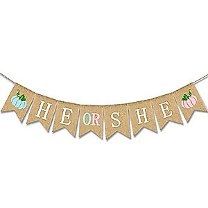 He or She Pumpkin Banner Gender Reveal Baby Shower Garland Autumn Party Decoration Pink Blue Bunting Burlap Flag Boy or Girl Pregnancy Announcement Supplies