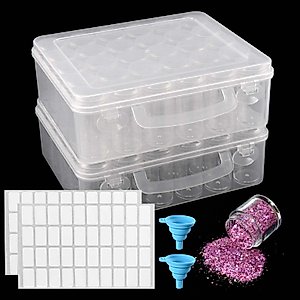 MUKLEI 2 Pack 30 Grids Diamond Painting Storage Containers, Beads Organizer with Label Stickers and Funnel, Diamond Painting Accessories Box for Crafts, Seeds, DIY single slots 1.9 × 1 inch