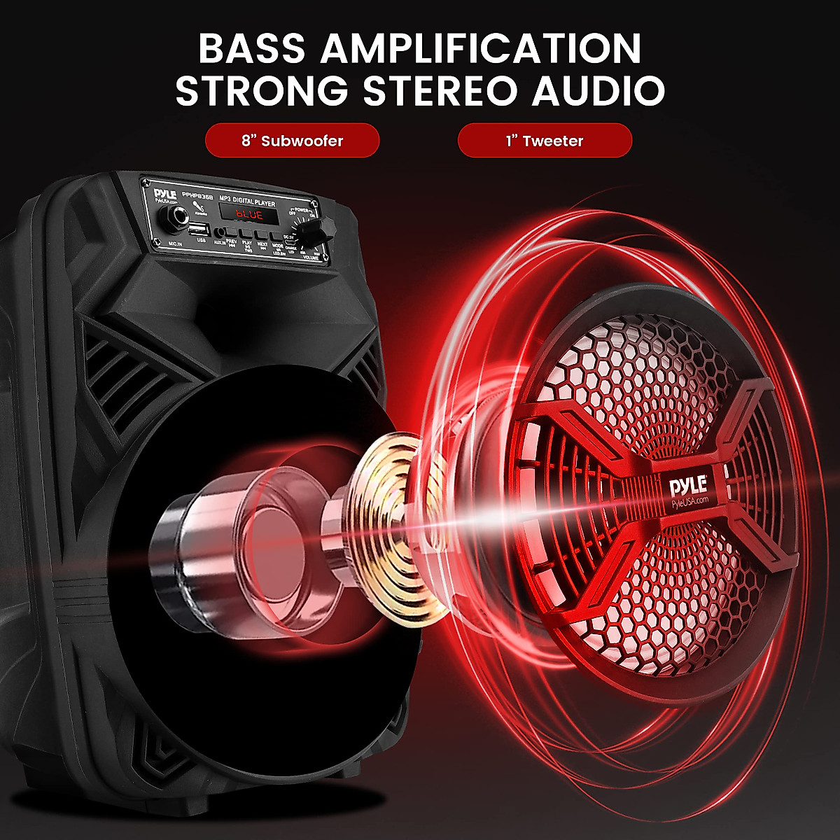 Portable Bluetooth PA Speaker System - 300W Rechargeable Indoor/Outdoor Bluetooth Portable PA System w/ 8” Subwoofer 1” Tweeter, Microphone In, Party Lights, MP3/USB, Radio, Remote - Pyle PPHP836B