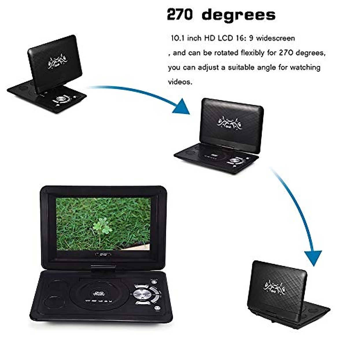 Portable DVD Player, 10.1in 3D Stereo, Support U Disk/SD/MS/MMC Card, Multiple TV Channels, Support Game Disk, with Gamepad, 270° Rotatable, Anti-Vibration, Memory Function, Rechargeable (US)