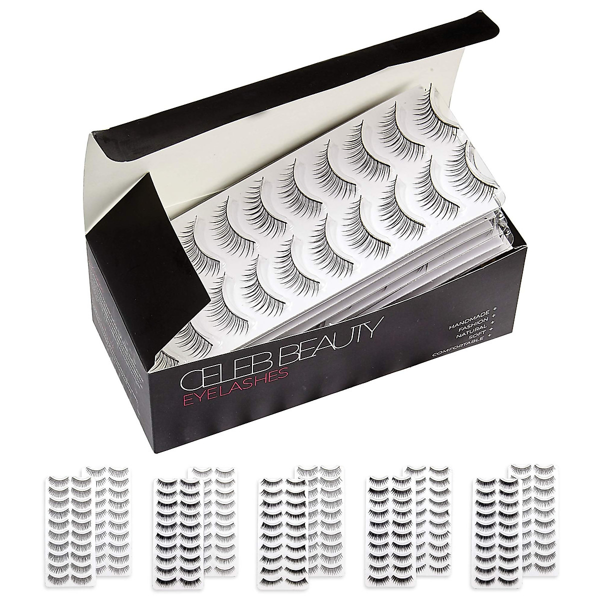 Celeb Beauty Eyelash Splashes 100 Pair Faux Lashes Variety Pack – Reusable Fake Eyelashes in 10 Styles – Hypoallergenic Strip False Lashes Set with Soft Natural, Fluttery Wispies, & Dramatic Falsies