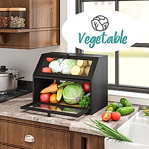 Vriccc Black Bread Box for Kitchen Counter, Bamboo Wood Bread Box, Large Capacity Bread Storage Bin