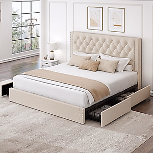 LARMACE King Size Platform Bed Frame with 4 Storage Drawers and Headboard Linen Upholstered Bed Frame Tufted Beds with Wood Slats Support, Easy Assembly, Noise-Free, Beige