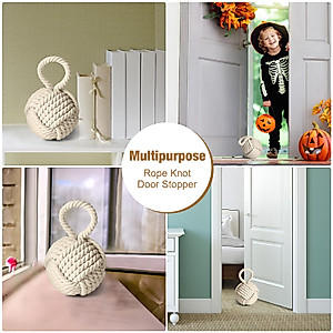 Tenceur 3 Pcs 3 Lbs Decorative Door Stop Rope Knot with Handle 6 Inch Nautical Fabric Door Stopper Twisted Knot Cotton Weighted Interior Doorstop for Door Window Bookend Dog Toys, Ivory