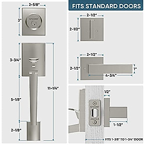 TICONN Front Door Handle Set, Heavy Duty Square Door Lever & Single Cylinder Deadbolt Combo Reversible for Entrance Exterior Doors (Satin Nickel)