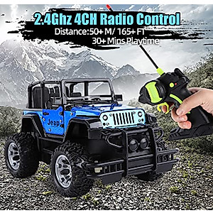 onthego RC Truck Jeep, 4WD Off-Road Remote Control Car SUV with Light, Metal Racing Vehicle Toy Car with Spring Suspension/Door Open/Storage Case for Kids Boys(Blue)