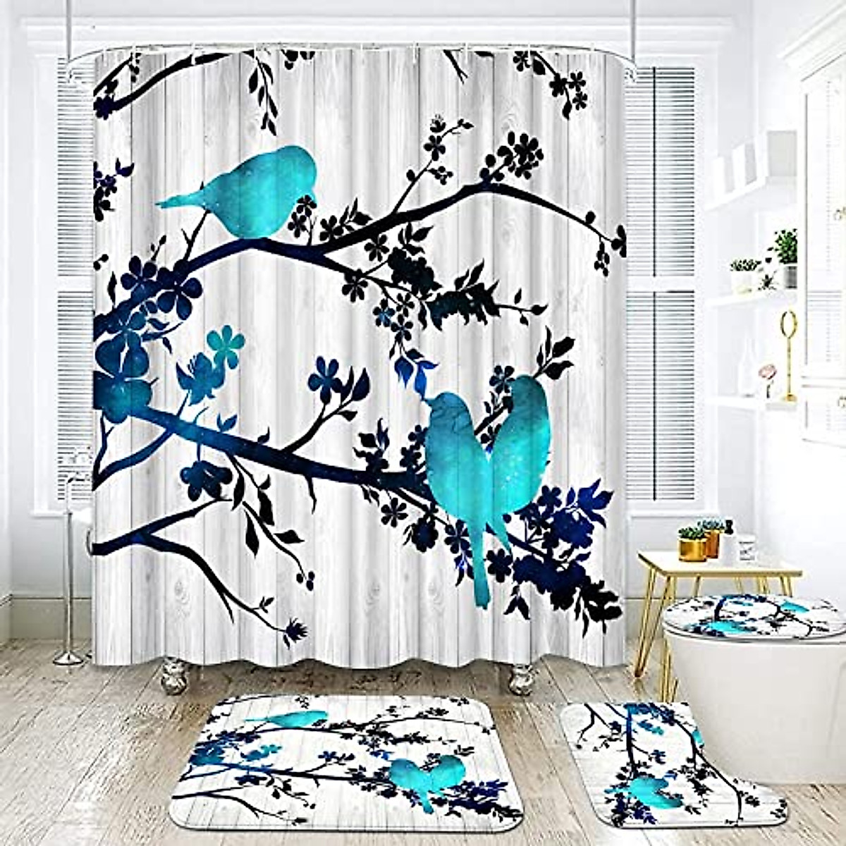 ArtKissMore Bird Tree Shower Curtain Set with Non-Slip Rugs Toilet Lid Cover and Bath Mat Flower Tree and Birds Animal Print Design Bathroom Curtains Fabric Decor with 12 Hooks