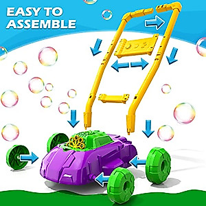 Purple and Green Bubble Lawn Mower for Toddlers, Bubble Makers for Kids, Summer Outdoor Backyard Gardening Toys, Birthday Gifts for Preschool Boys Girls