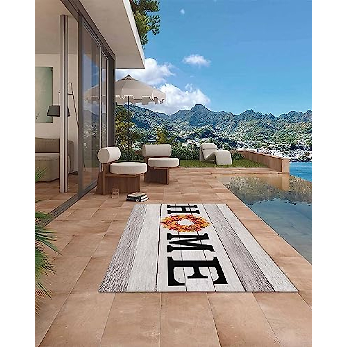 Outdoor Area Rug for Patio,Fall Thanksgiving Home Word Maple Leaf Wreath Camping Rugs Indoor Large Floor Mat 4x6ft,Sunflower Retro Wood Grain Outside Carpet for Deck RV Picnic Porch Backyard Bedroom