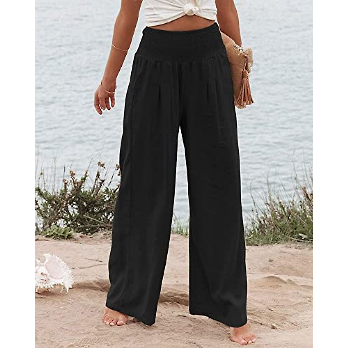 ERTUPE Women's Linen Palazzo Pants Boho Wide Leg High Waist Lounge Pant Elastic Casual Loose Solid Trousers with Pockets A-Black