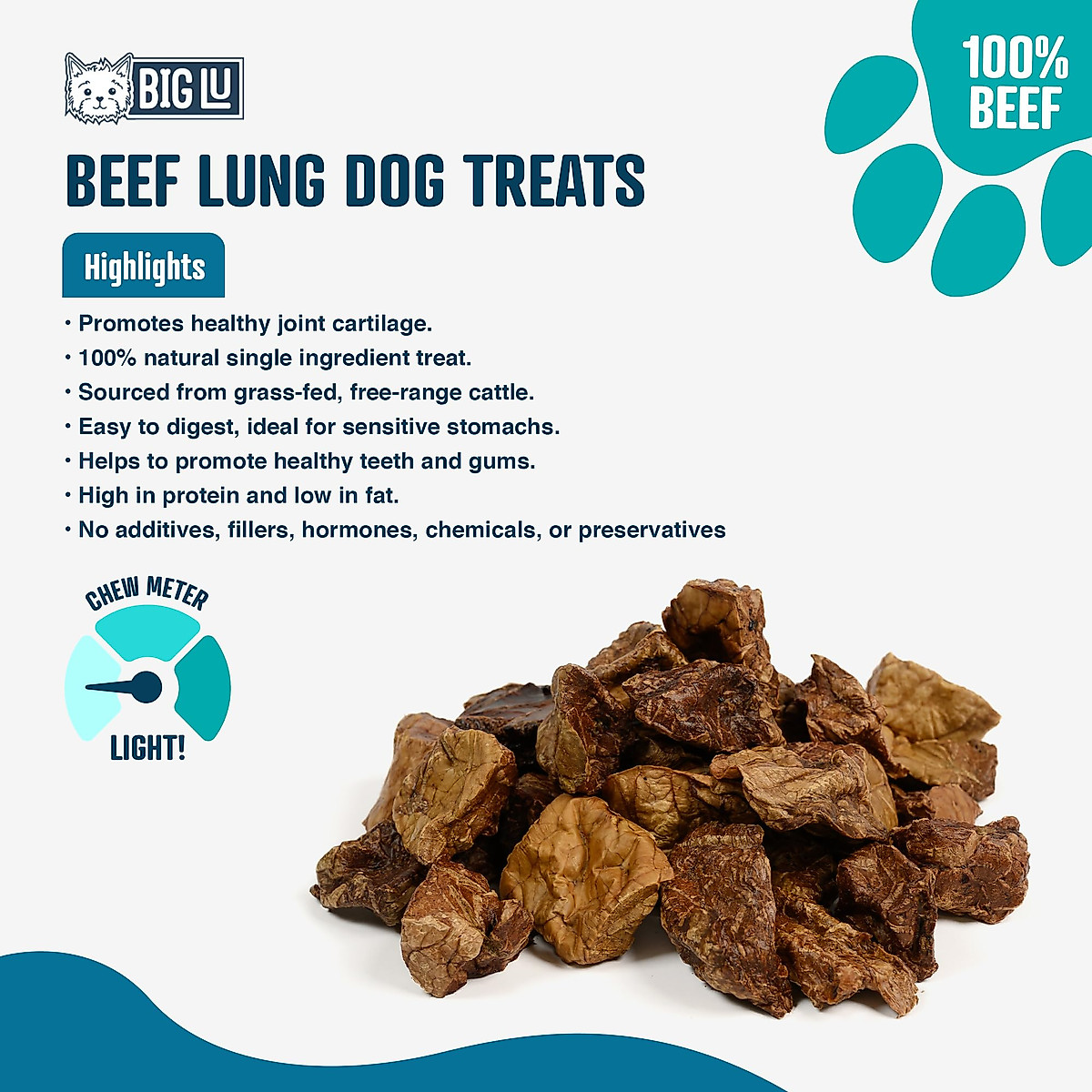 Big Lu - Beef Lung Dog Treats, Premium 100% Beef, All-Natural Dog Chews, Rich in Glucosamine and Chondroitin for Joint Health, Bite-Sized Chunks (12 Ounce)