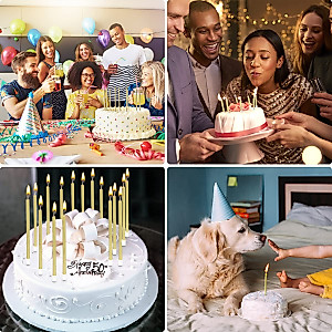 24 Count Party Long Thin Cake Candles Metallic Birthday Candles in Holders for Birthday Cakes Cupcake, Gold