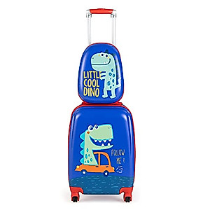 Olakids Kids Luggage Set, 12’’ Travel Backpack and 18’’ Carry on Suitcase with Rolling Spinner Wheels for Children Boys Girls, 2 Pcs Trolley Case Gift for Toddlers (Blue Dinosaur)