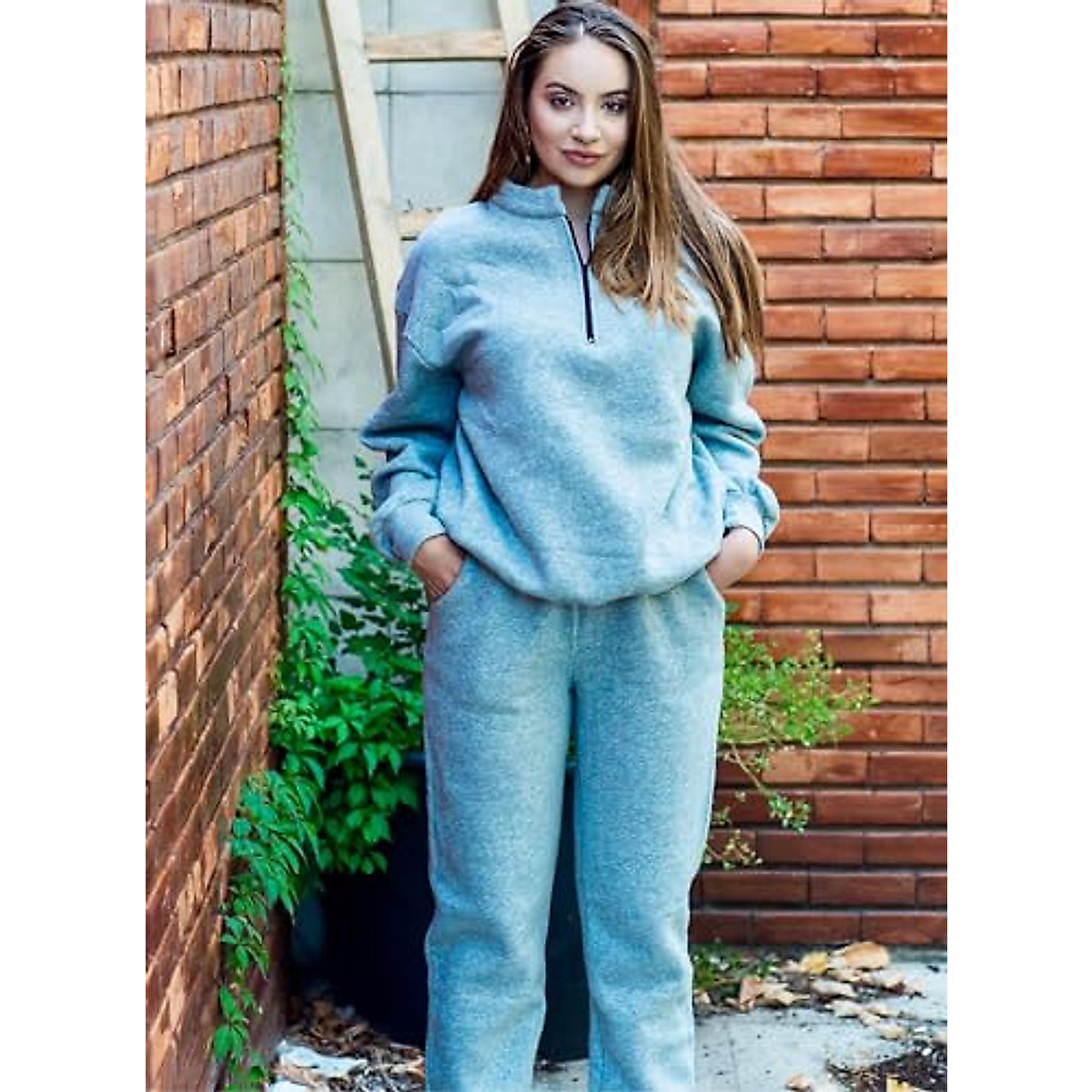 Aleumdr Womens Oversized Half Zip Pullover Long Sleeve Sweatshirt Jogger Pants Lounge Sets 2 Piece Sweatsuit with Pockets Blue-Grey Large