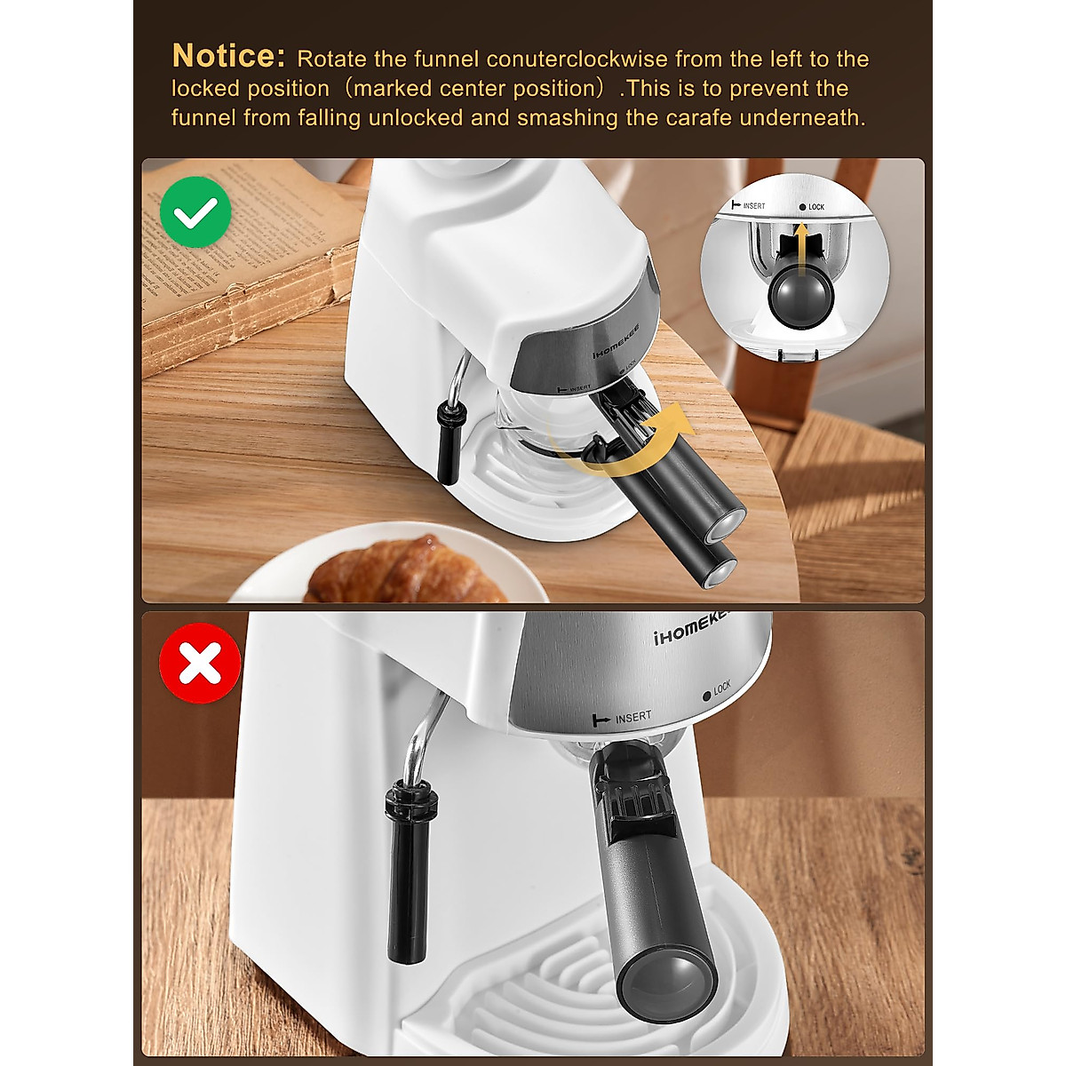Ihomekee Espresso Machine, 3.5Bar Espresso and Cappuccino Machine with Preheating Function, 4 Cup Coffee Maker with Milk Frothing Function and Steam Wand (White), CM6810