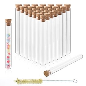 ULAB Scientific 50pcs 35ml Round Bottom Glass Test Tubes Set, 3.3 Borosilicate Glass, Dia.20x150mm, Packed with Stoppers and Brush, UTT1023