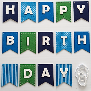 Premium Layered Felt Happy Birthday Banner Bunting Laser Cut 60 inches wide - Blues