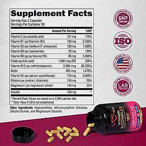 Vitamin B Complex for Men & Women - Made in USA - 11-in-1 B-Complex: B1, B2, B3, B5, B6, B7, B8, B9, B12 with Vitamin C, Choline, Inositol - Energy, Brain & Heart Support Supplement, 60 Vegan Capsules