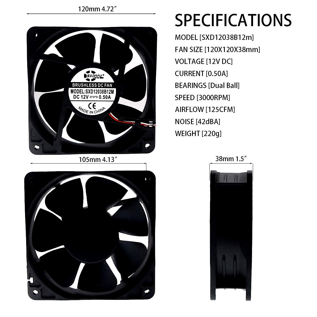 SXDOOL 12038 120mm x 38mm 3000rpm High Airflow CFM 12V 3pin FG DC Brushless Ball Bearing Cooling Fan