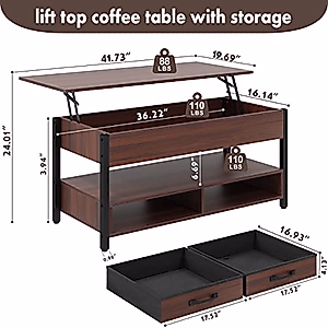 Winkalon Coffee Table, Lift Top Coffee Table with Storage Shelf and Pop up Adjustable Lift Tabletop, 41.7" Wood Coffee Tables for Living Room with 2 Drawers and Hidden Compartment(Espresso Coffee)