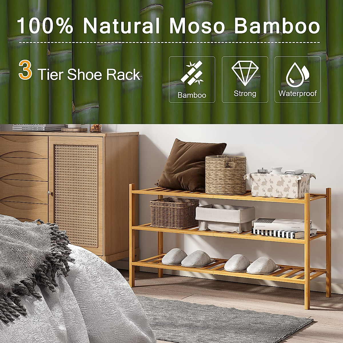 Furshus Long Shoe Rack, 3-Tier Bamboo Stackable Shoe Shelf Storage Organizer, Shoe Stand for Closet, Entryway and Hallway